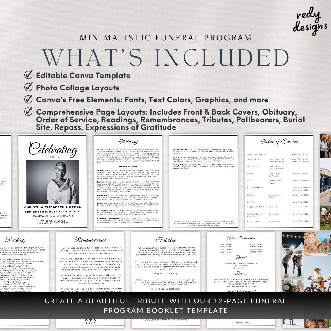 Minimalistic Funeral Program | 12-page Booklet | Editable in Canva ...
