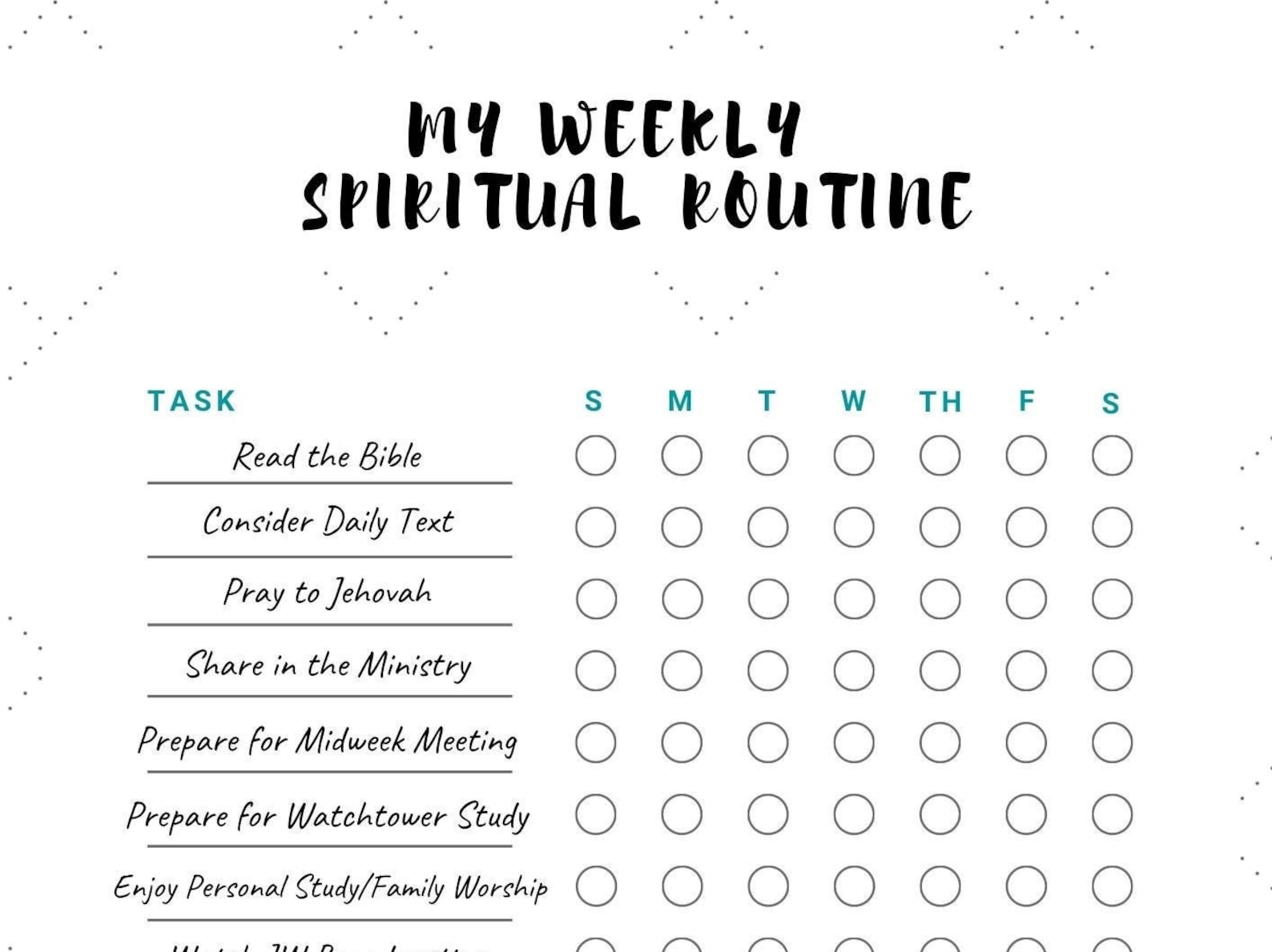 JW Weekly Spiritual Routine Checklist ~ Goal Tracker ~ Jehovah's ...