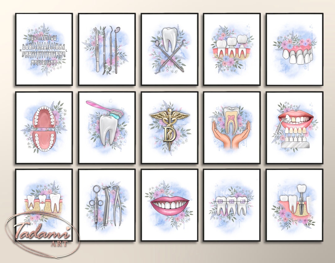 Dental Posters Set of 15 Tooth Anatomy Art Floral Caduceus Dentist Gift ...