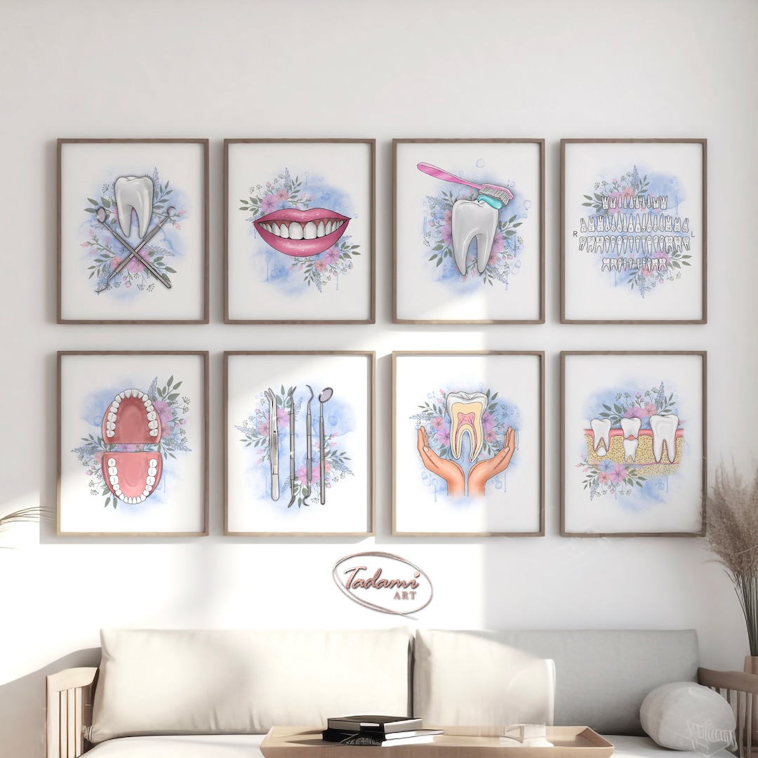 Dental Clinic Posters Set of 8 Tooth Anatomy Art Floral Dentist Gift ...