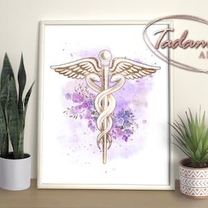 Caduceus Print Medical Watercolor Caduceus Poster Floral Anatomy ...