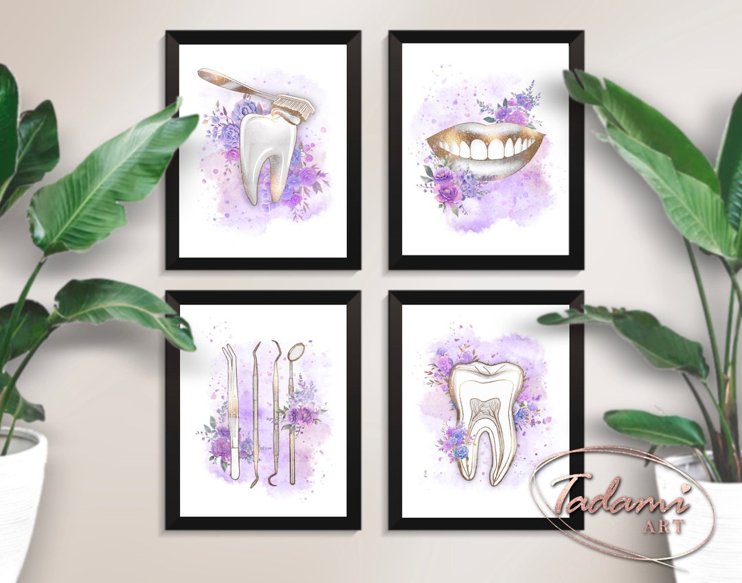 Set 4 Dental Posters Watercolor Gold Dentistry Art Tooth Anatomy Floral ...