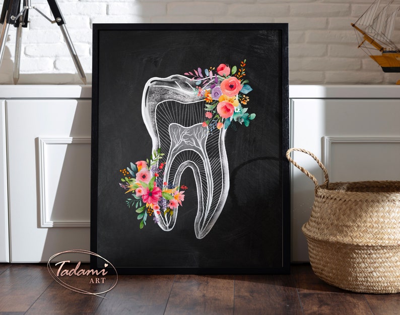 Floral Tooth Anatomy Art, Dentist Chalkboard Poster (digital Download ...
