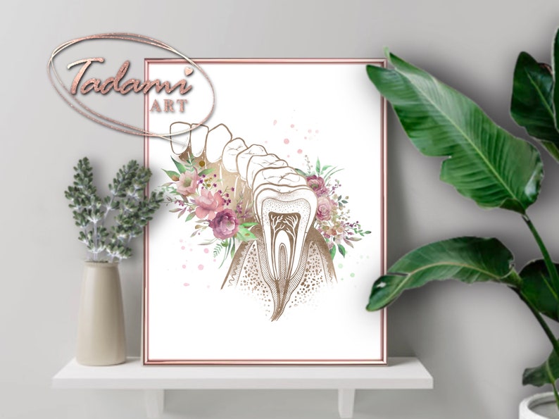 Floral Tooth Anatomy Watercolor Art, Dentist Office Decor (digital ...