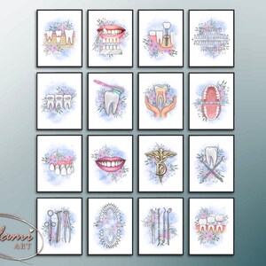 Dental Posters Set 16 Watercolor Dentistry Print Tooth Anatomy Floral ...
