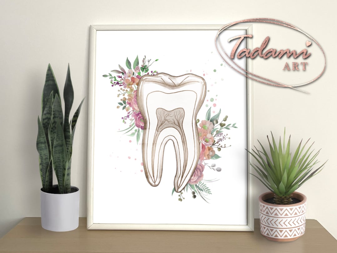 Floral Tooth Anatomy Watercolor Art, Dentist Office Decor (digital ...