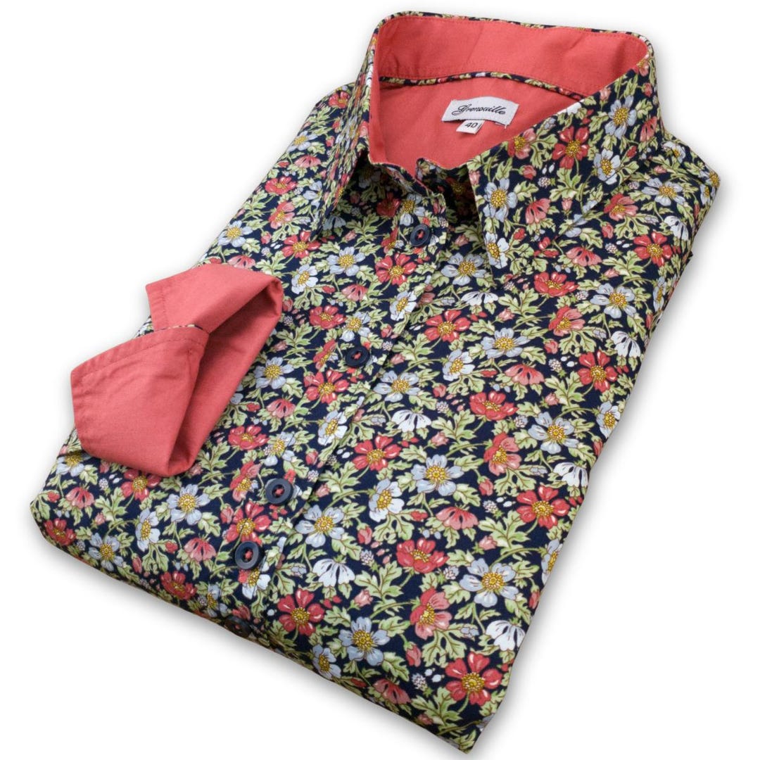 Grenouille Ladies Long Sleeve Red & Blue Floral Print Shaped Fit Shirt ...