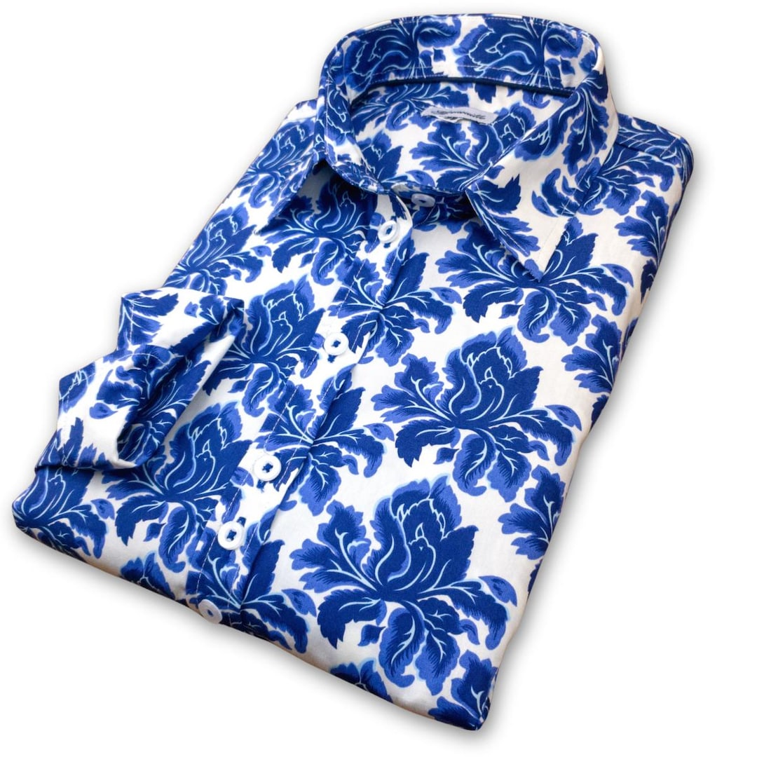 Grenouille Ladies Long Sleeve Delft Blue Floral Print Shaped Fit Shirt ...