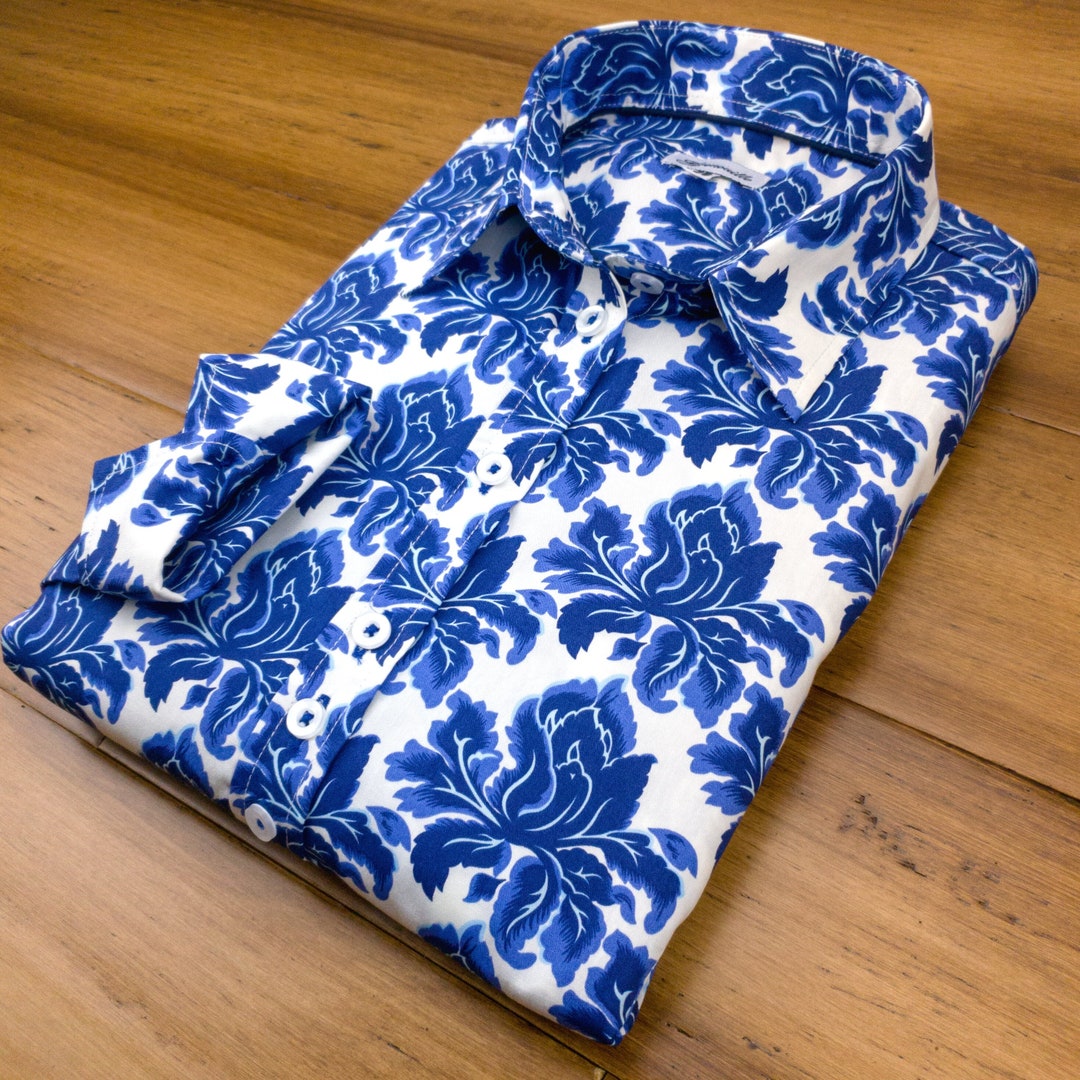 Grenouille Ladies Long Sleeve Delft Blue Floral Print Shaped Fit Shirt ...