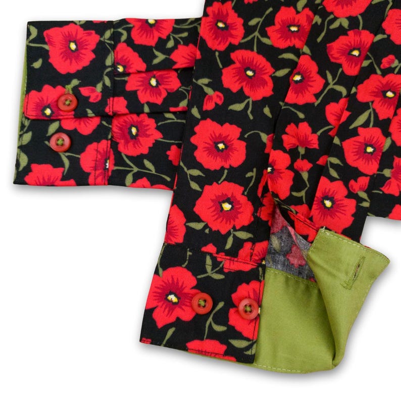 Ladies Red Poppy Print Shirt: Grenouille Black Cotton Long Sleeve - Etsy