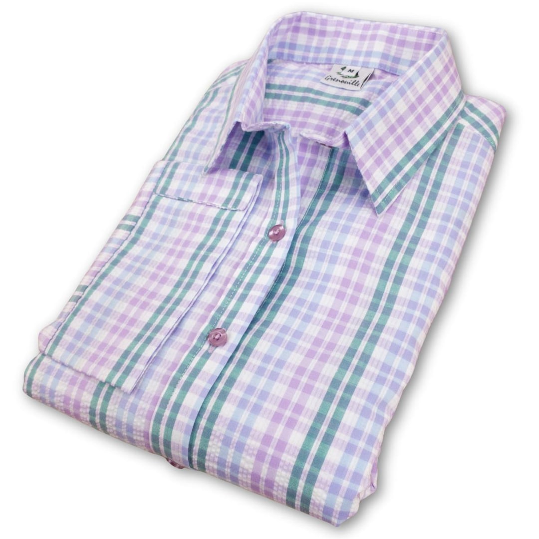 Ladies Lilac Green Check Seersucker Shirt - 3/4 Sleeve Cotton Top - Etsy
