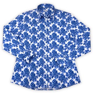 Grenouille Ladies Long Sleeve Delft Blue Floral Print Shaped Fit Shirt ...