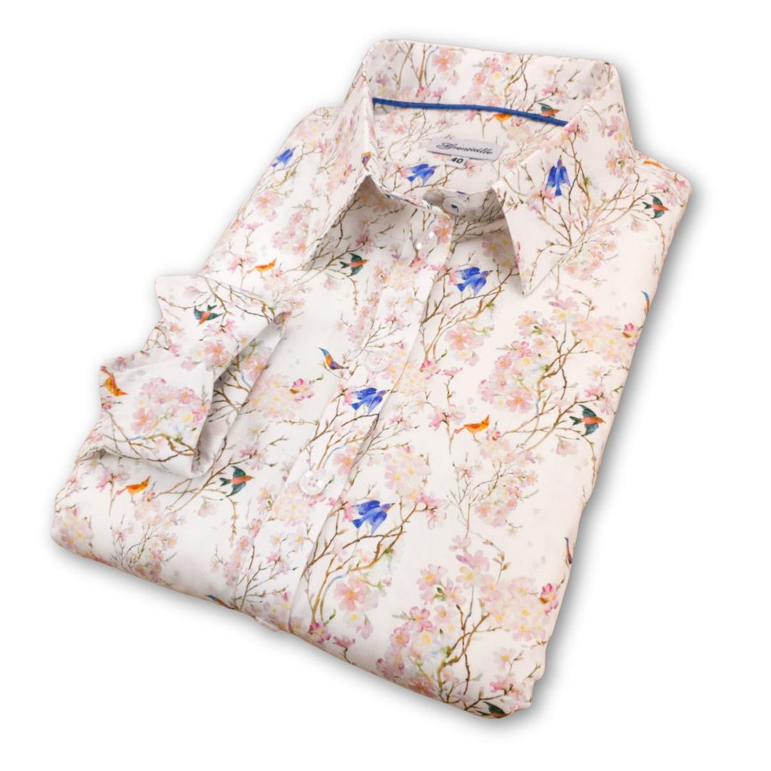 Ladies Blossom & Bird Print Shirt: Fitted Long Sleeve Cotton Poplin - Etsy