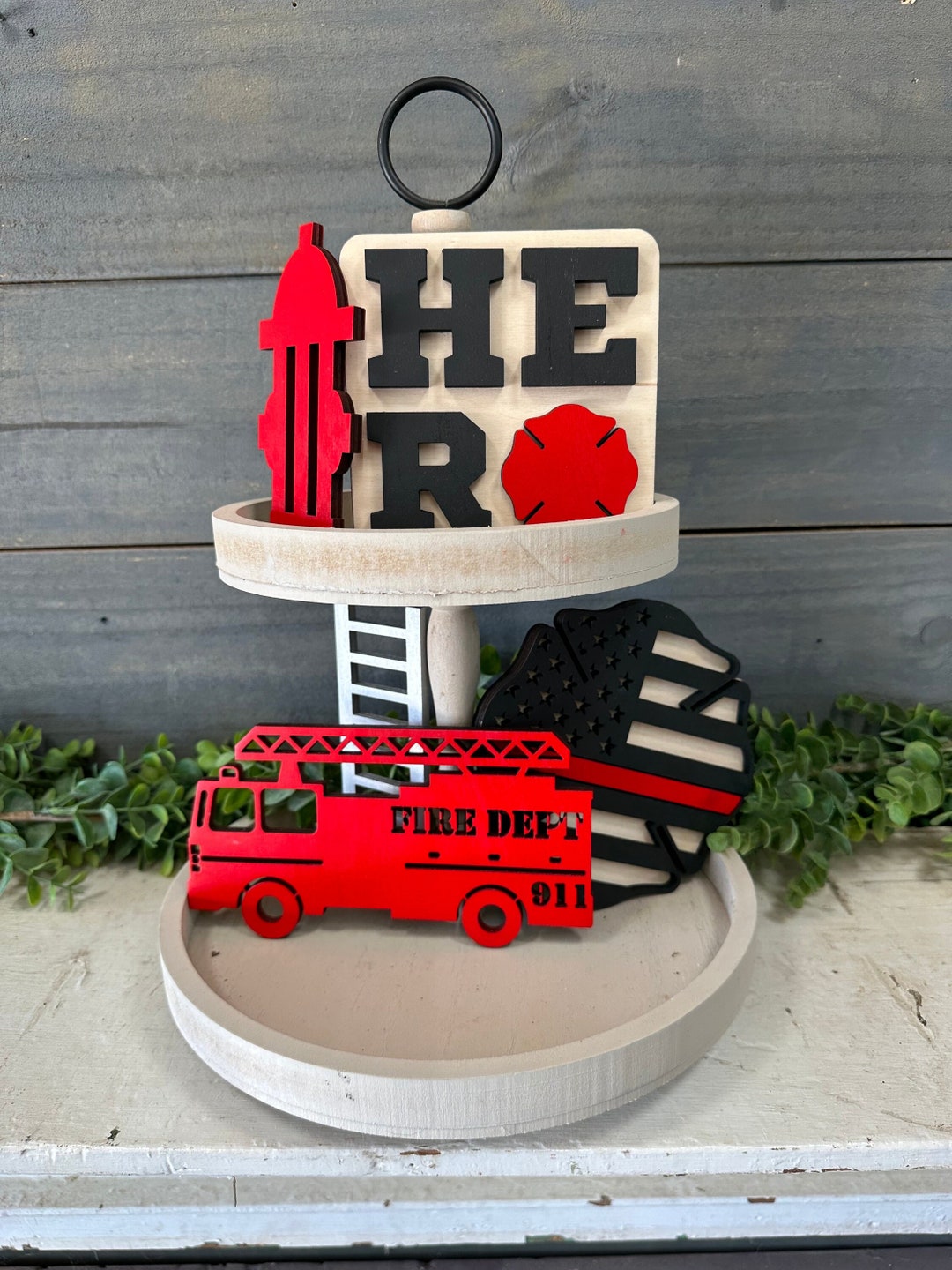 Firefighter Tiered Tray Firetruck Maltese Flag Hero Sign Ladder Hydrant ...