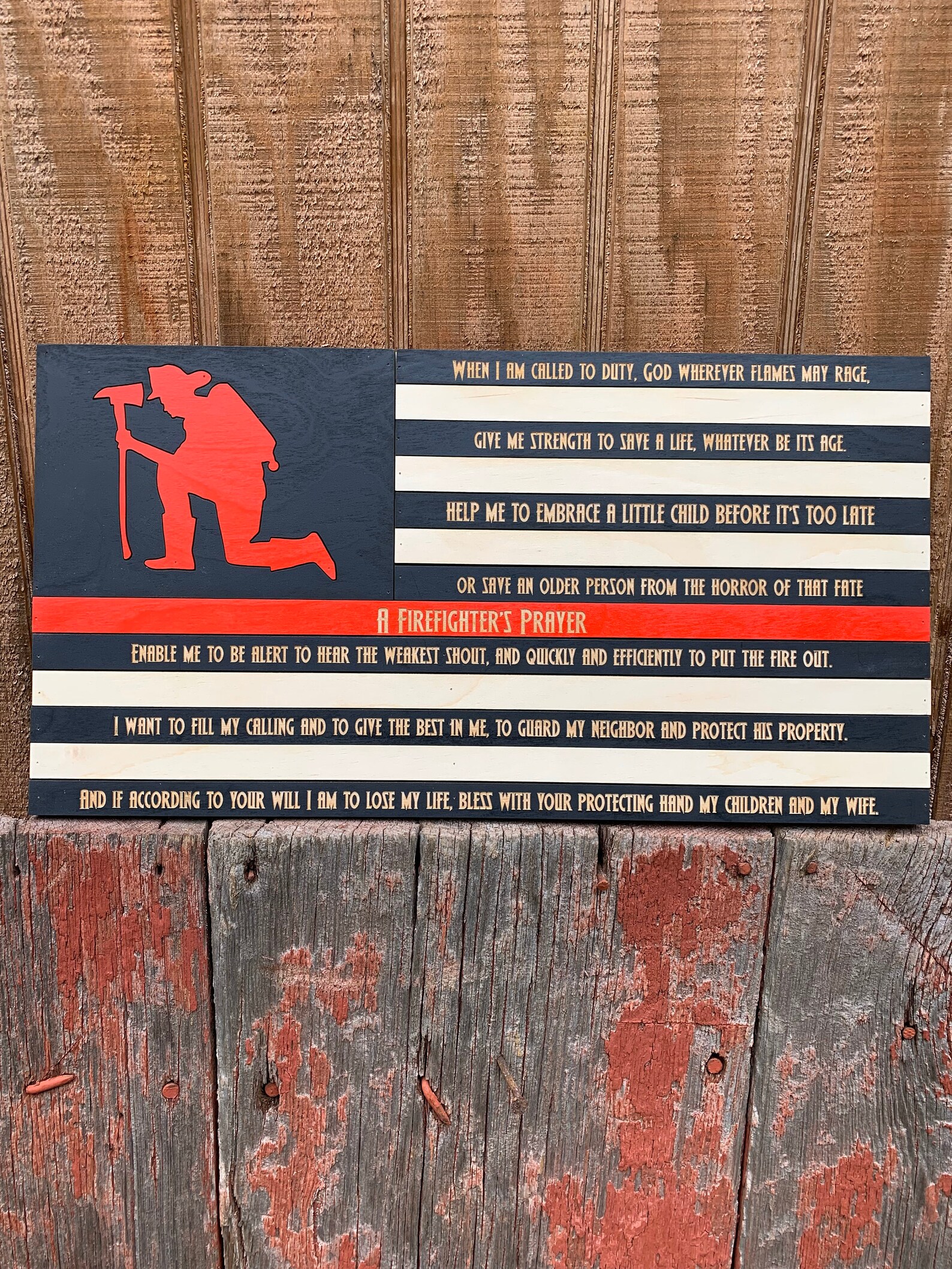 Firefighter Prayer Flag, Fire Flag, Thin Red Line, Fireman Flag, Wood ...