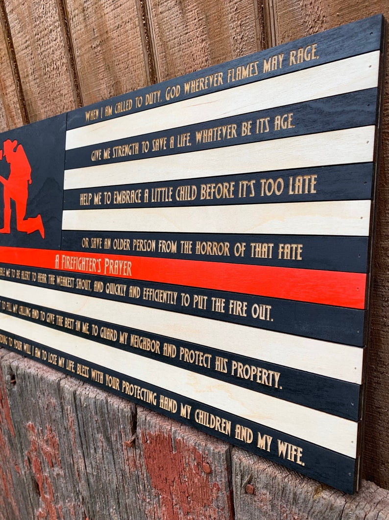 Firefighter Prayer Flag, Fire Flag, Thin Red Line, Fireman Flag, Wood ...