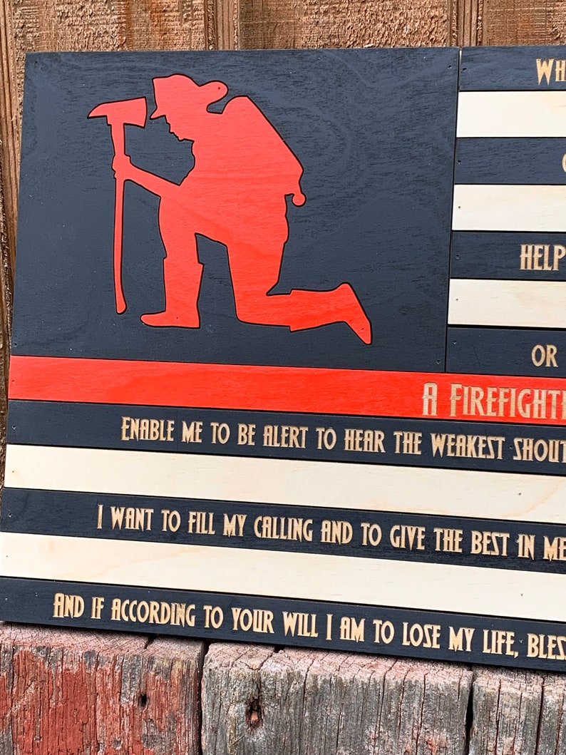Firefighter Prayer Flag, Fire Flag, Thin Red Line, Fireman Flag, Wood ...