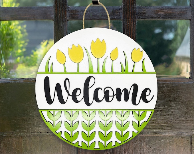 Spring Sign - Welcome Tulips Sign, Door Sign, Door Hanger, Wooden Sign ...