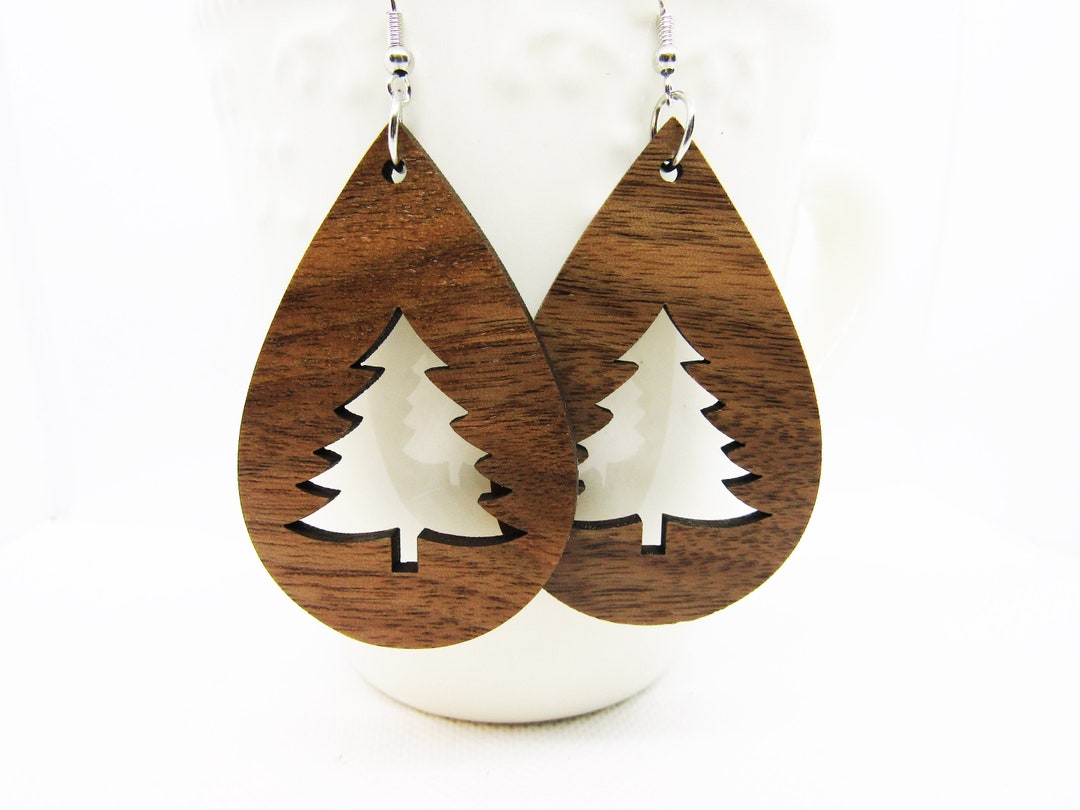 Wooden Earrings - Teardrop Christmas Tree Earrings - Wood Earring ...