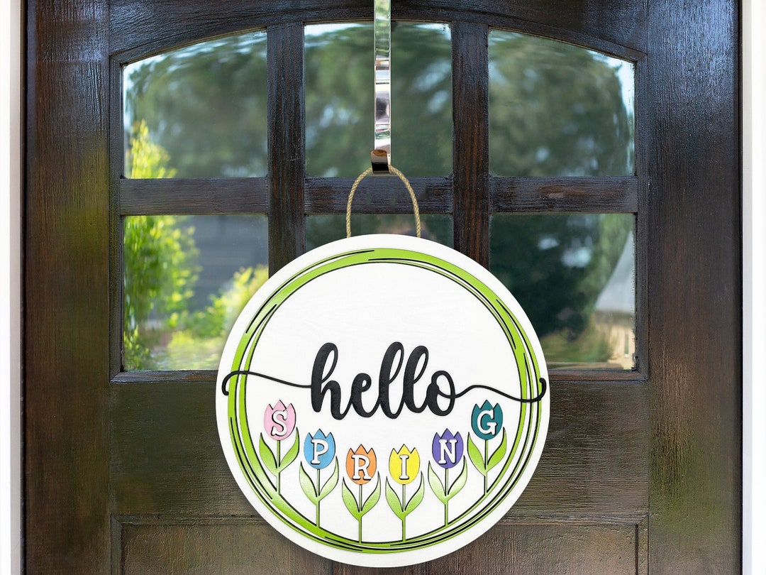 Spring Sign - Hello Spring Tulips Sign, Door Sign, Door Hanger, Wooden ...