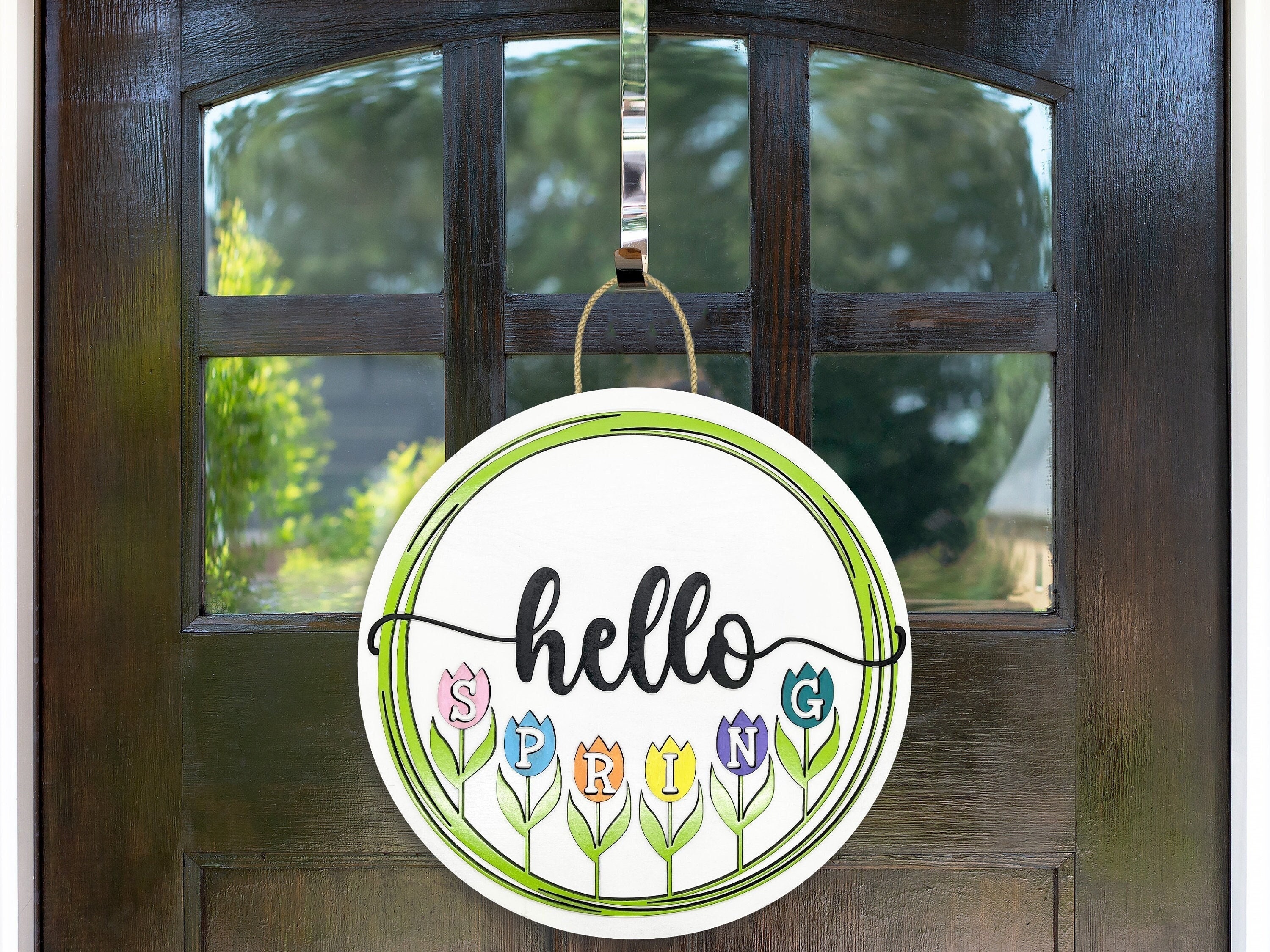 Spring Sign - Hello Spring Tulips Sign, Door Sign, Door Hanger, Wooden ...