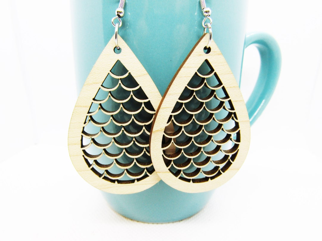 Wooden Earrings - Teardrop Mermaid Scales Earrings - Wood Earring ...