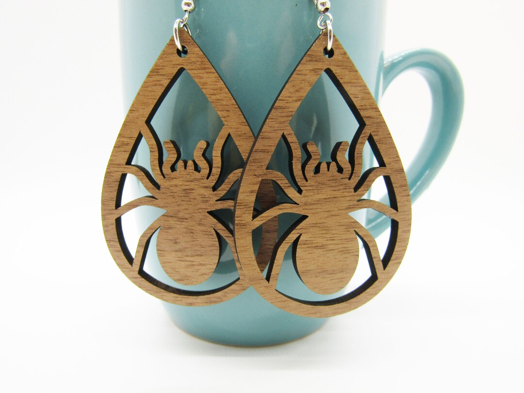 Wooden Earrings - Teardrop Spider Earrings - Wood Earring, Lightweight ...