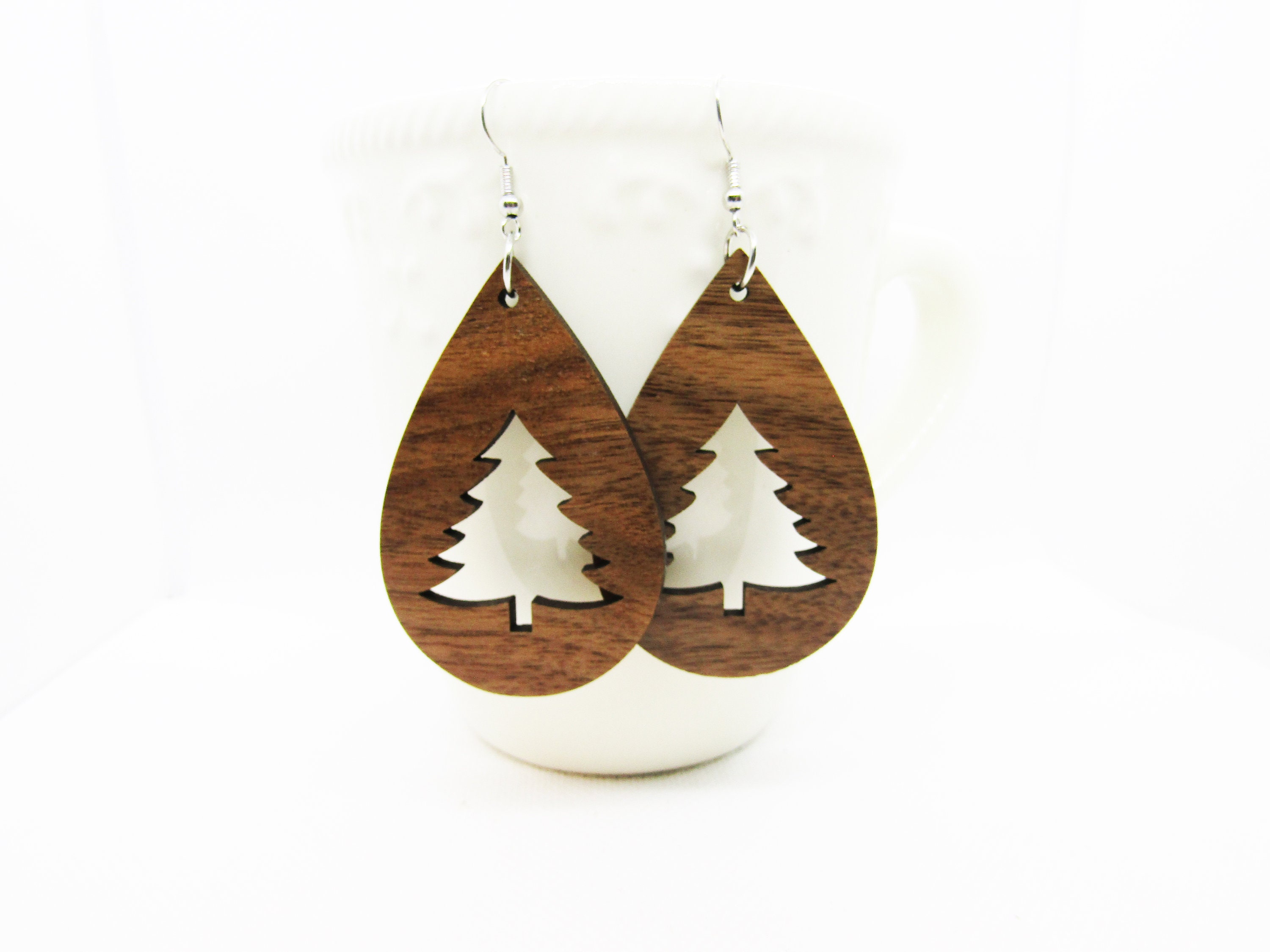 Wooden Earrings - Teardrop Christmas Tree Earrings - Wood Earring ...