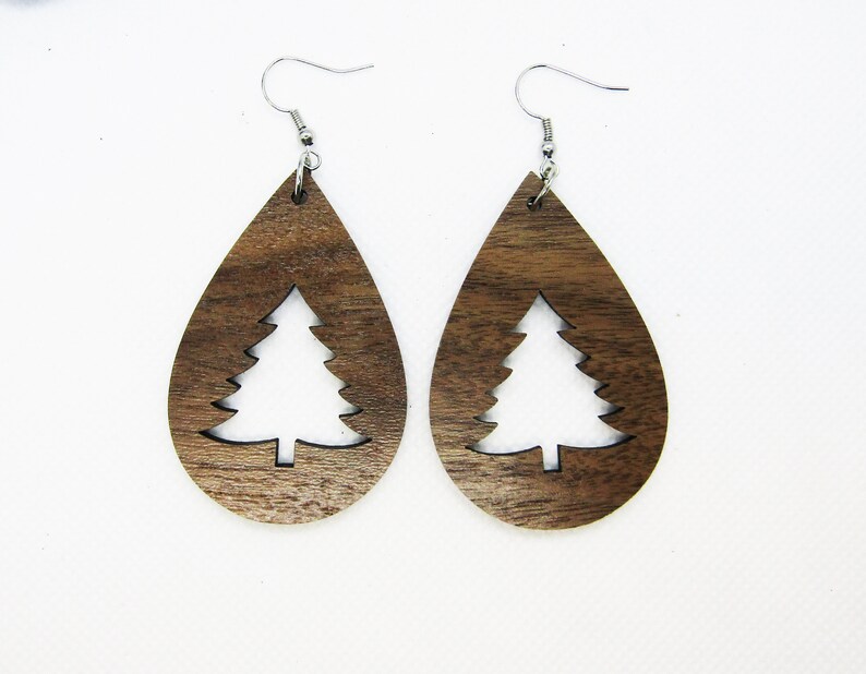 Wooden Earrings - Teardrop Christmas Tree Earrings - Wood Earring ...