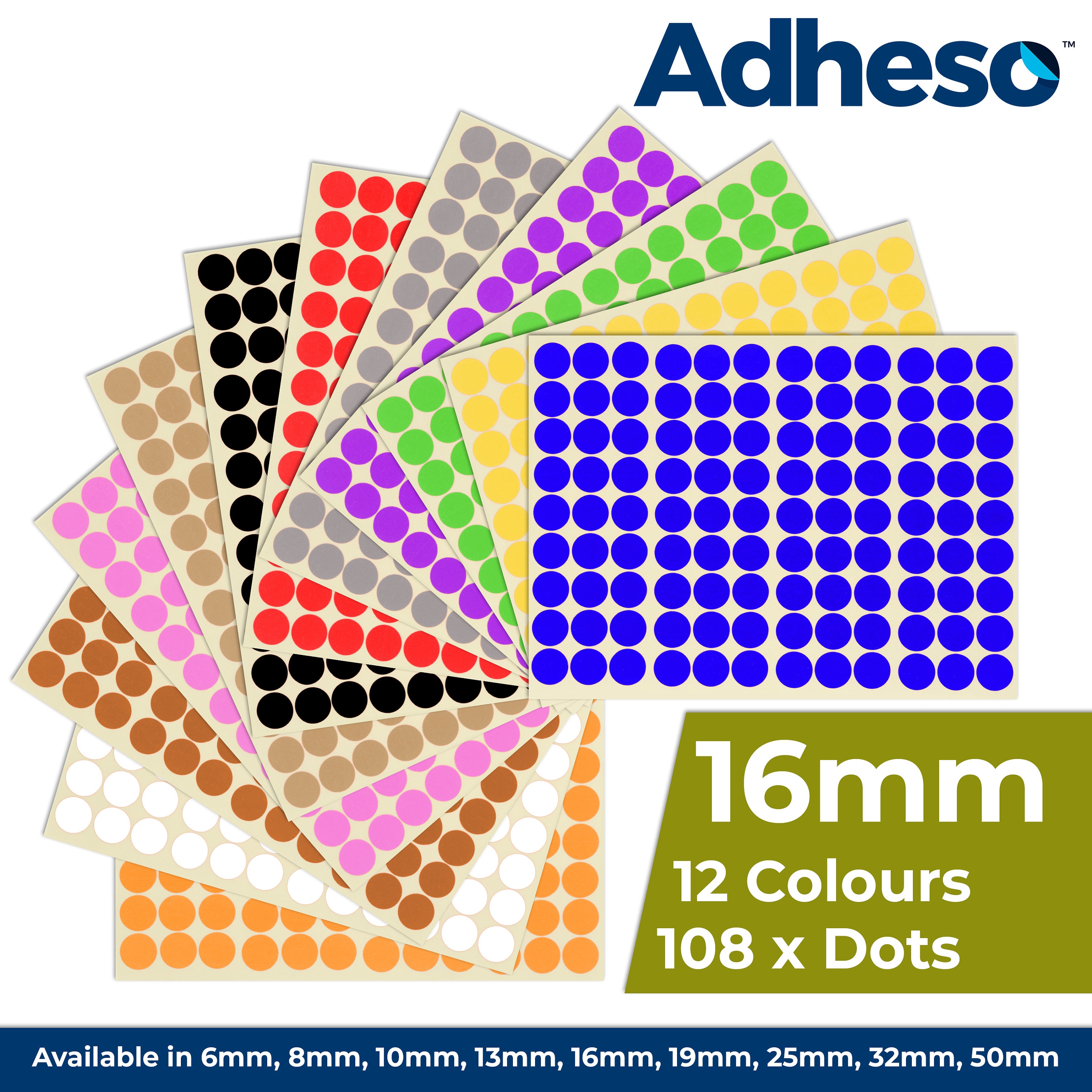 Adheso 16mm Colour Coding Dot Stickers. 108 Dots. 12 Colours, Wall ...