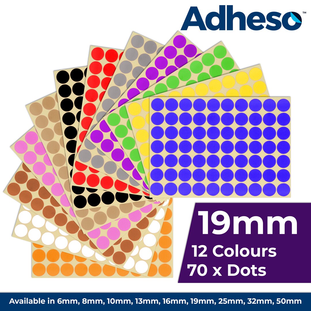 Adheso 19mm 3/4 Inch Colour Coding Dot Stickers. 70 Dots. 12 Colours ...
