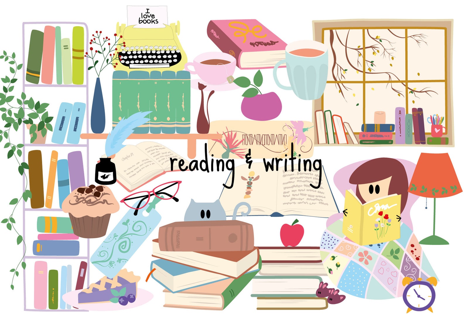 Reading & Writing Clipart Set, Book Illustration, Book Art Drawings ...