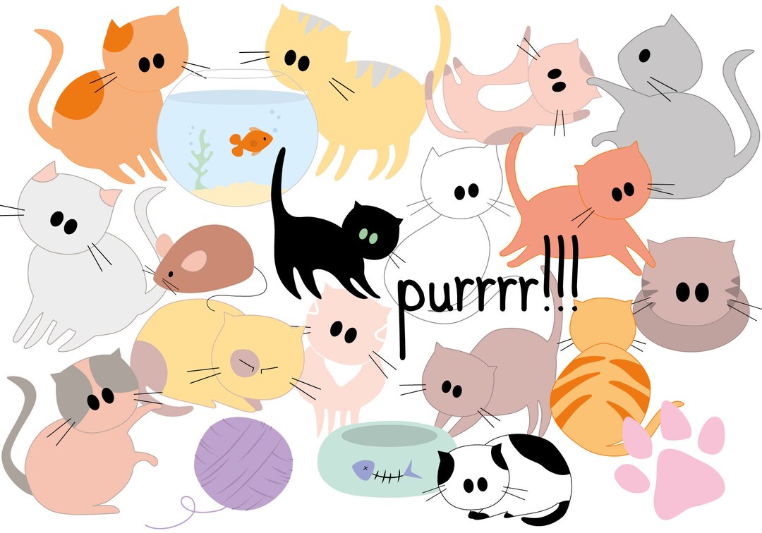 Purrrr Clipart, Cute Cats Clipart Set, Clipart Cat Print, Instant ...