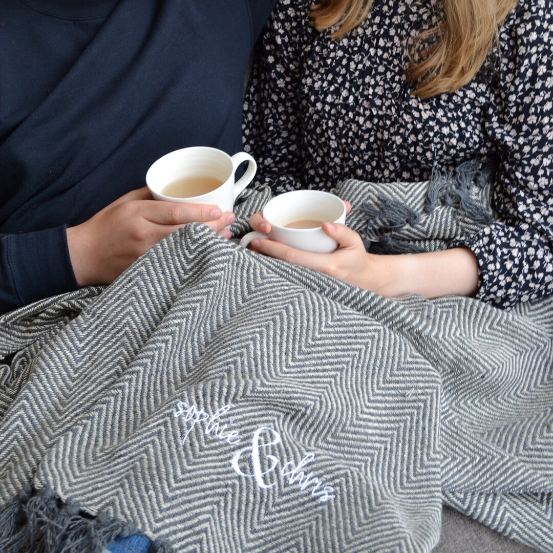 Personalised Couples Blanket: Embroidered Herringbone Throw, First Home ...