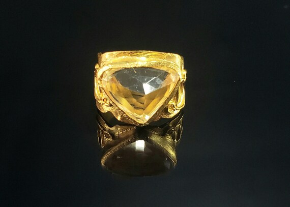 Trillion Cut Citrine Ring 18K Gold Vermeil Hammered Ring | Etsy