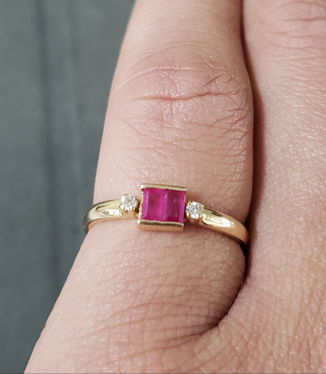 18k Gold Ruby Baguette Ring With Round Cut Diamonds - Etsy