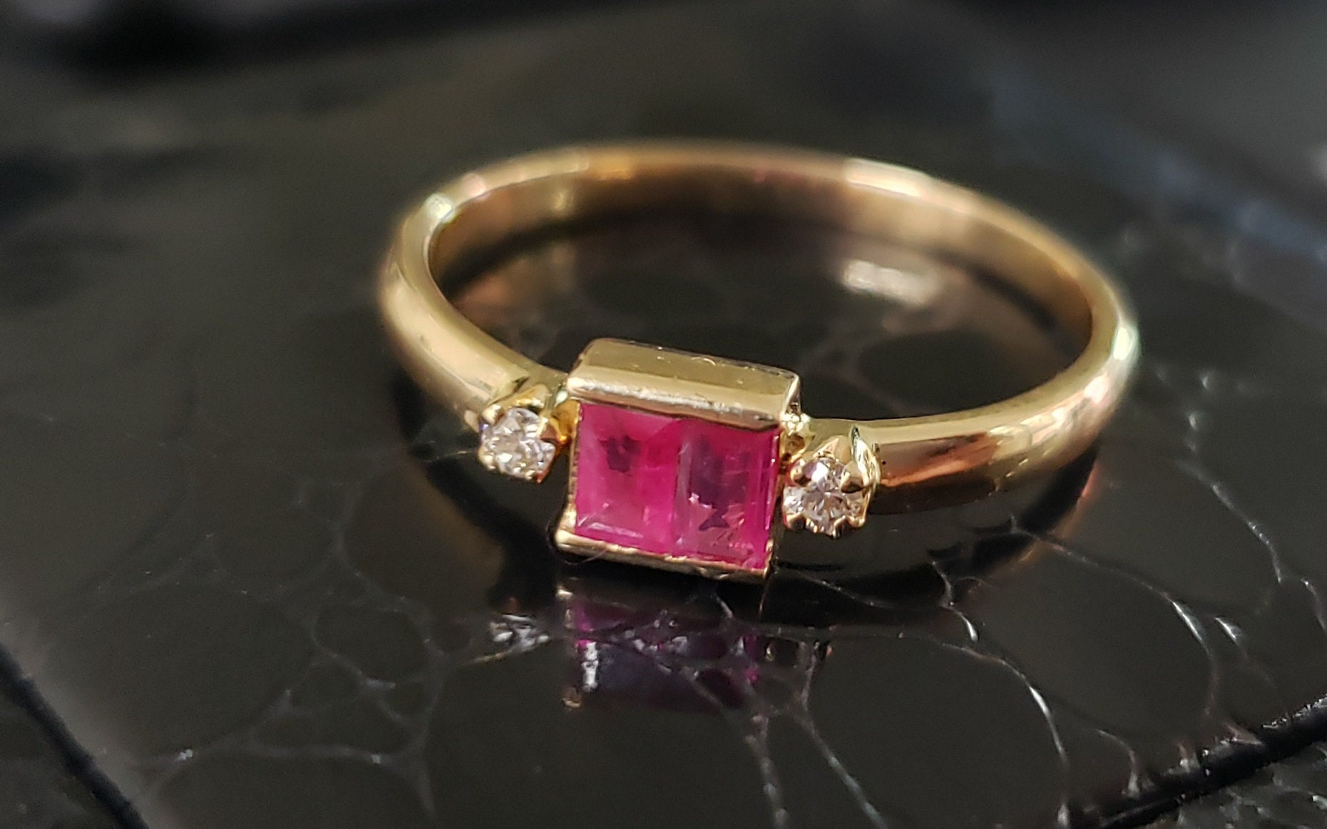 18k Gold Ruby Baguette Ring With Round Cut Diamonds - Etsy