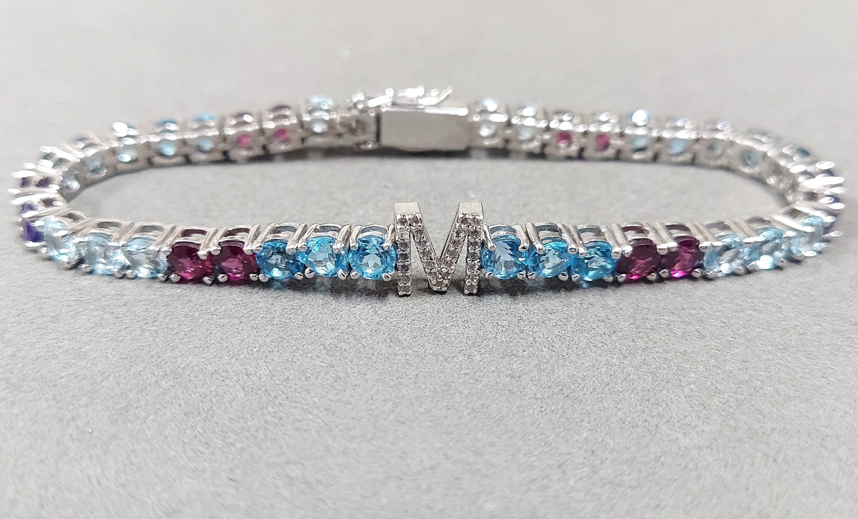 Multi Stone 925 Sterling Silver Bracelet M Alphabet Bracelet | Etsy