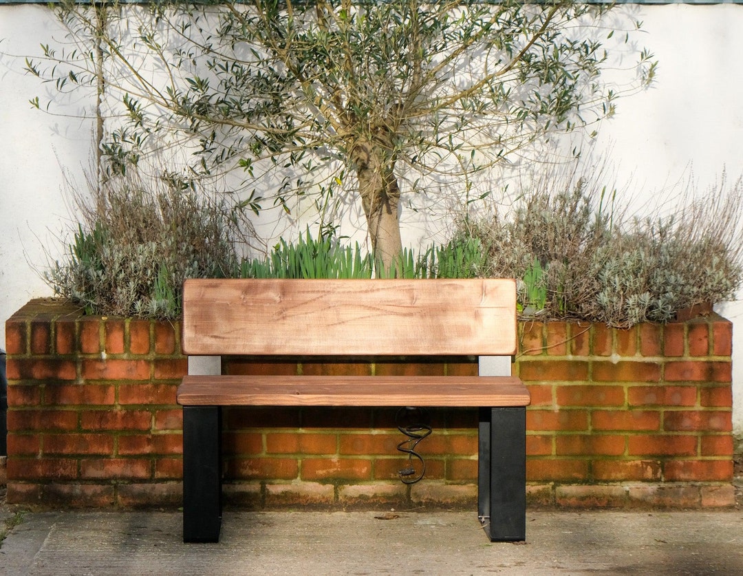 Wooden Garden Bench With Steel Legs and Backrest. Rustic Bench for ...