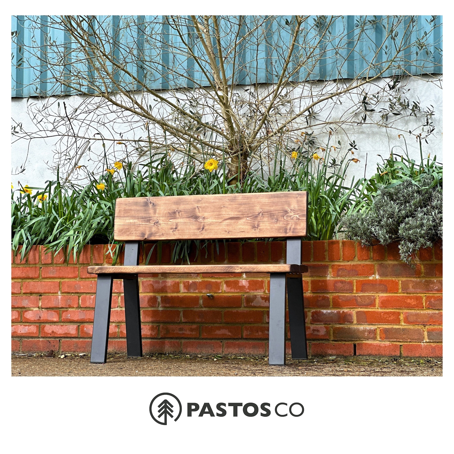 Wooden Garden Bench With Steel Legs and Backrest. Rustic Bench for ...