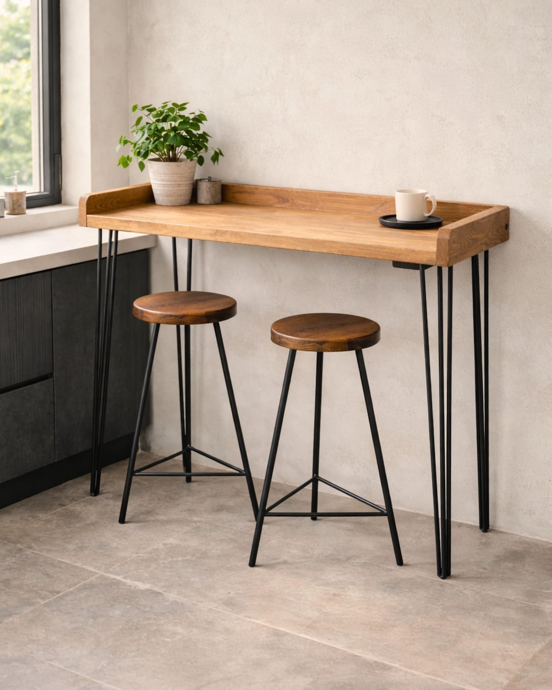Scandinavian Breakfast Bar Table With Stools, Narrow Kitchen Bar Table ...