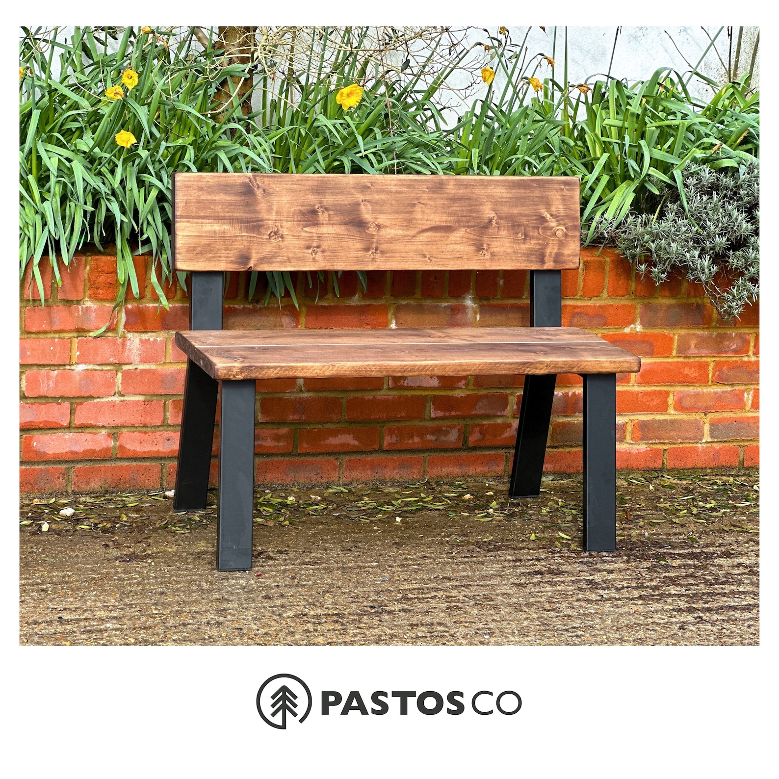 Wooden Garden Bench With Steel Legs and Backrest. Rustic Bench for ...