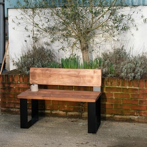 Wooden Garden Bench With Steel Legs and Backrest. Rustic Bench for ...