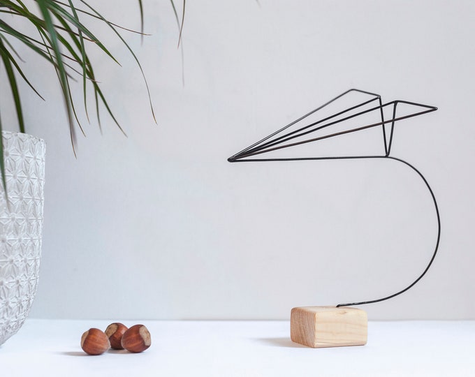 Handmade Origami Airplane on a Wooden Stand - Wire Sculpture. Modern ...