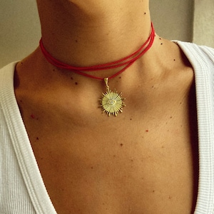 925 Red String Choker, Sun Bow Choker, Sun Pendant Necklace, Sun String ...