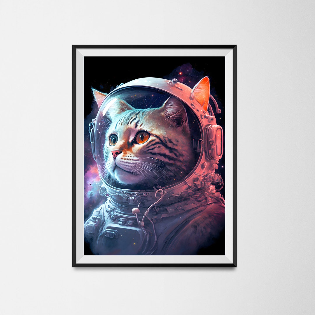 Cute Cat in Space Poster Adorable Feline in Astronaut Helmet A3 Size ...