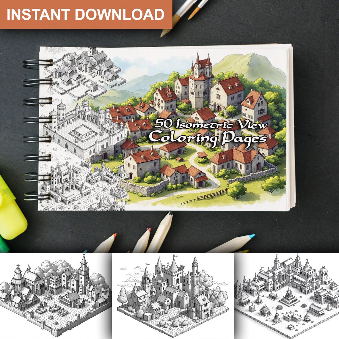 50 Coloring Pages of Settlements and Towns in Isometric View | Instant ...