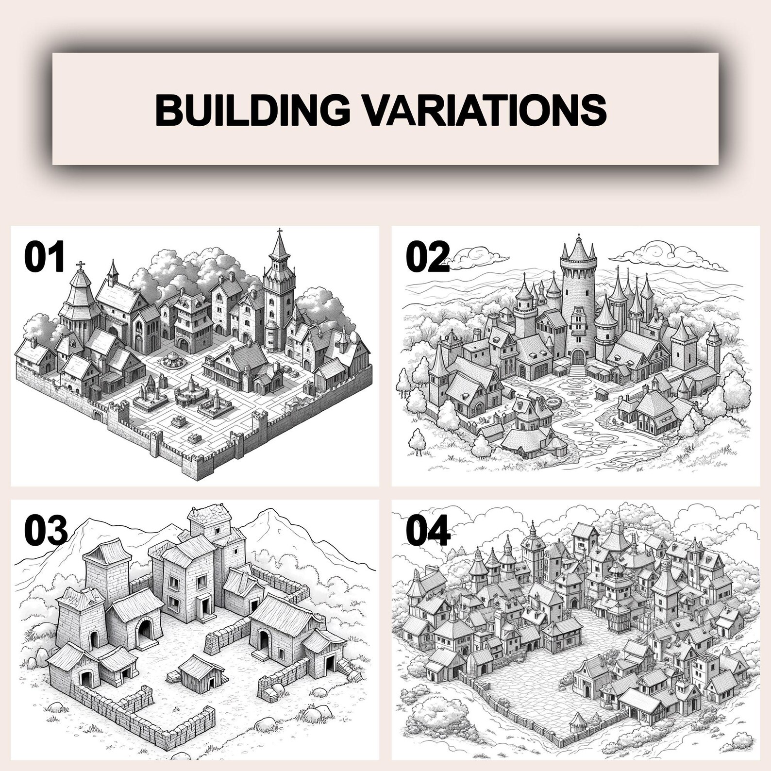 50 Coloring Pages of Settlements and Towns in Isometric View | Instant ...