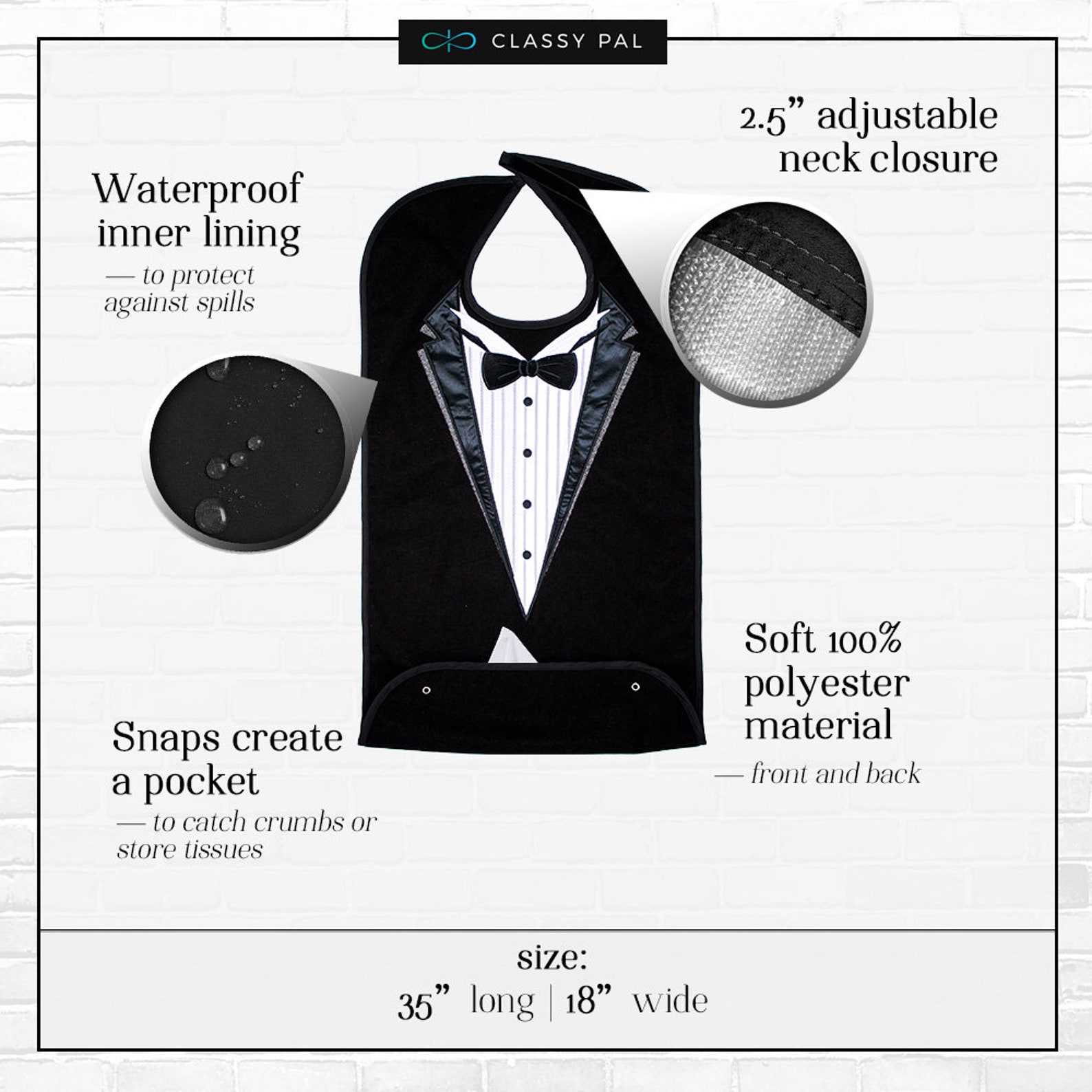 Embroidered Adult Bib for Men: Waterproof Tuxedo & Tie Design (2-pack ...