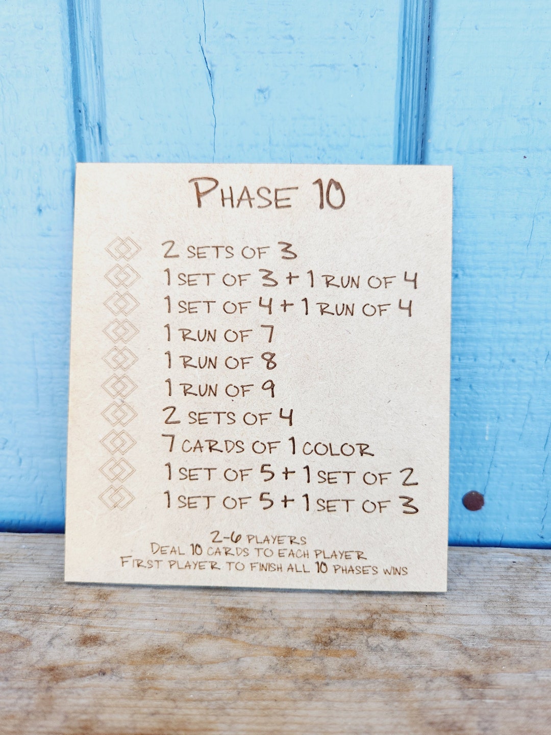 Phase 10 Phases Card / Card Game Steps / Custom Phase 10 Wooden Rules ...